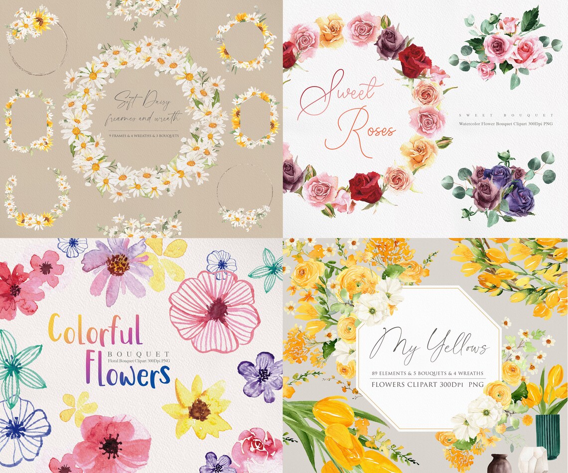 Spring Flower Bundle, Watercolor Flower Bundle, Flower PNG, Watercolor ...