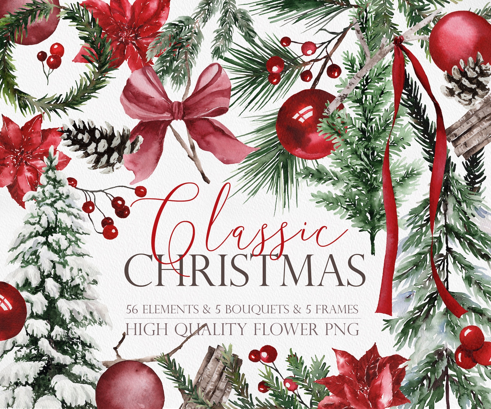 Classic Christmas, Christmas Clipart, Christmas Tree, Watercolor ...