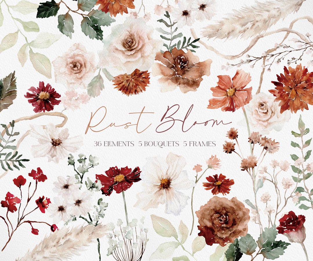 RUST BLOOM, Watercolor Fall Flower, Rustic Flower, Winter Bouquets, Watercolor Winter Boho ...