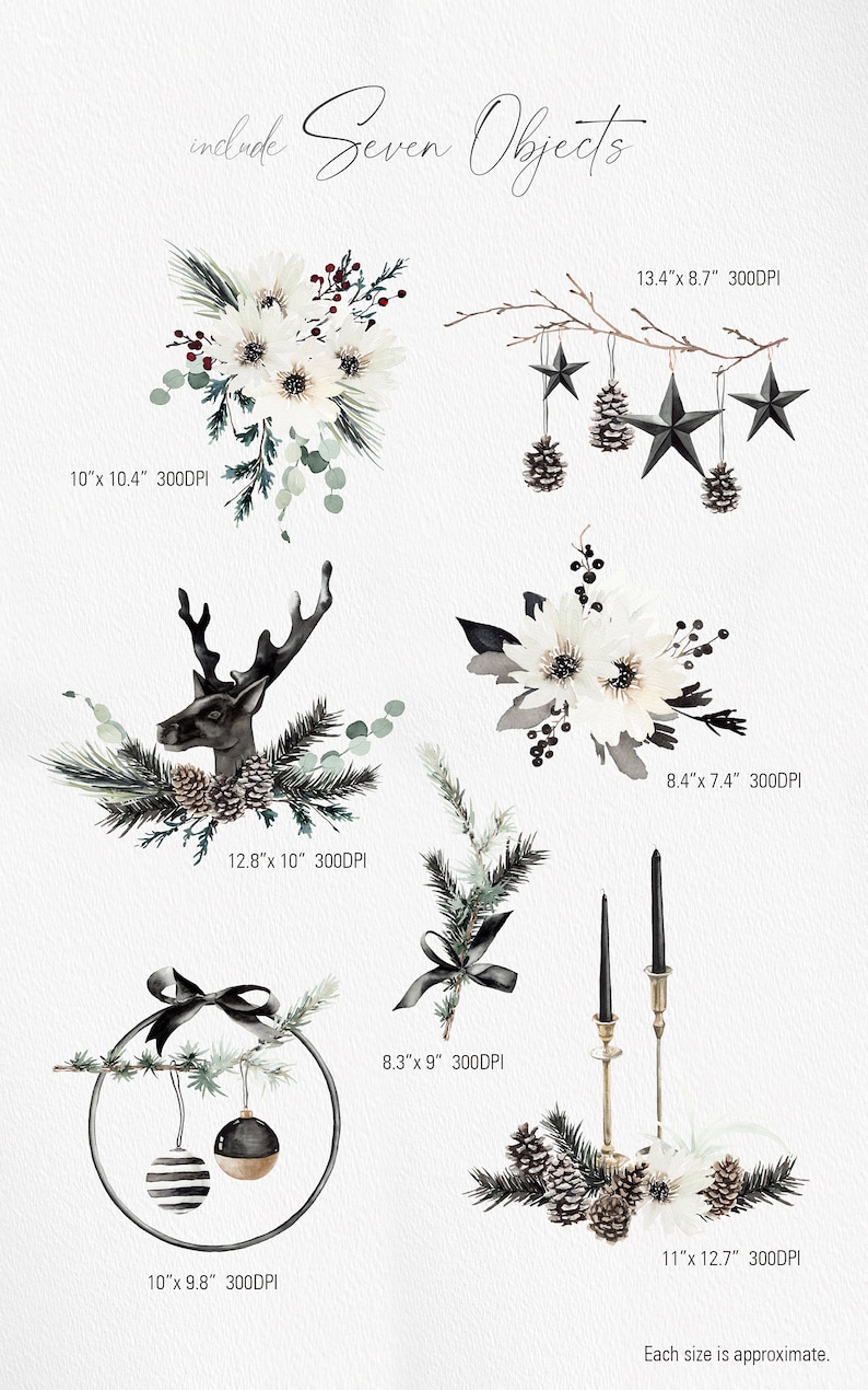 Black Christmas Clipart, Modern Christmas, Black Ornaments, Pinecorn ...