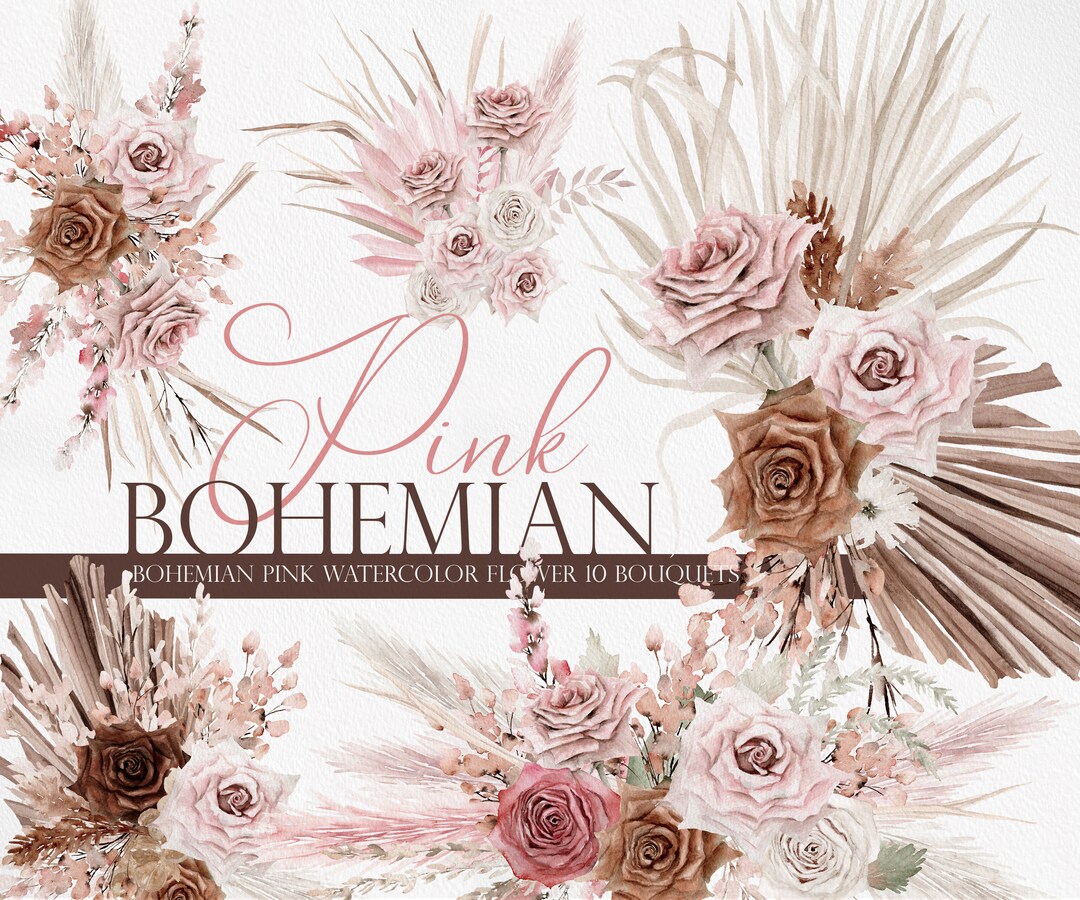 Boho Pink Flowers, Watercolor Flower, Boho Flower PNG, Bohemian Pink ...