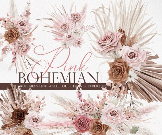 Boho Pink Flowers Watercolor Flower Boho Flower PNG - Etsy
