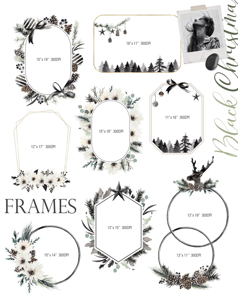Black Christmas Clipart, Modern Christmas, Black Ornaments, Pinecorn ...