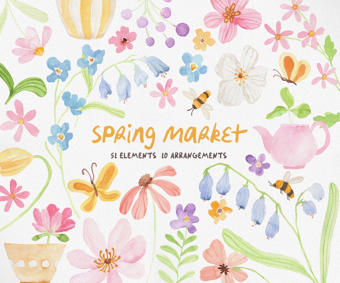 SPRING MARKET, Watercolor Spring Flower, Spring Flower Clipart ...