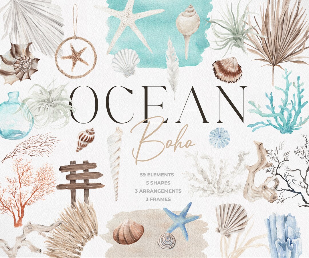 OCEAN Boho, Summer Clipart, Ocean Clipart, Coral Clipart, Watercolor ...
