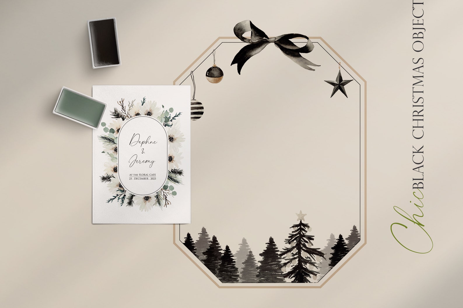 Black Christmas Clipart, Modern Christmas, Black Ornaments, Pinecorn ...