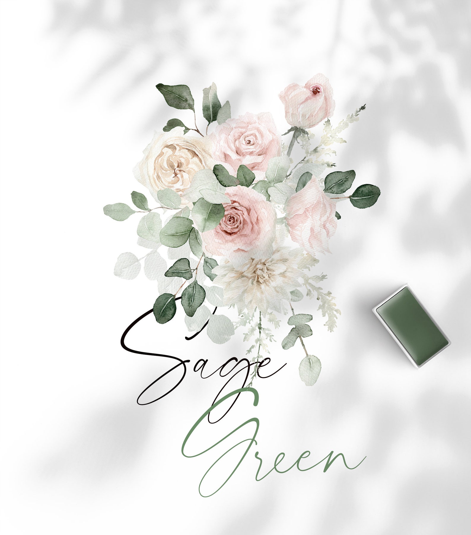 Sage Green Flower, Watercolor Botanical Art, Watercolor Leaf, Wedding ...