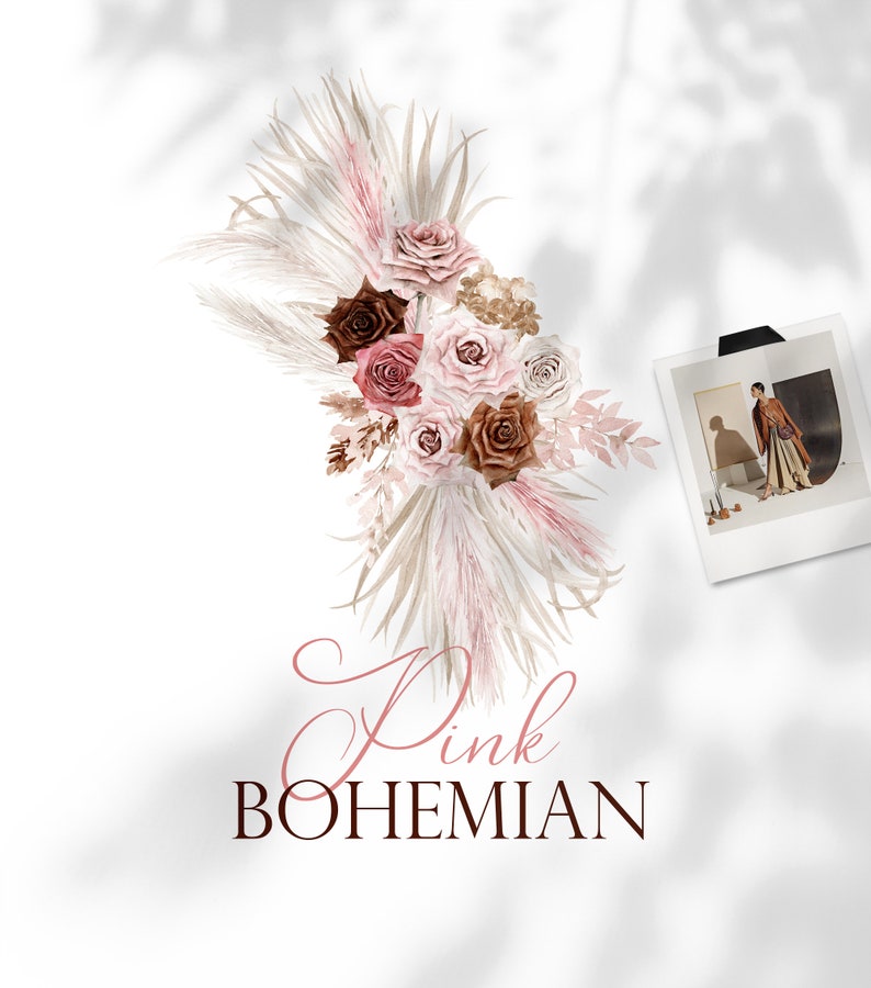 Boho Pink Flowers, Watercolor Flower, Boho Flower PNG, Bohemian Pink ...