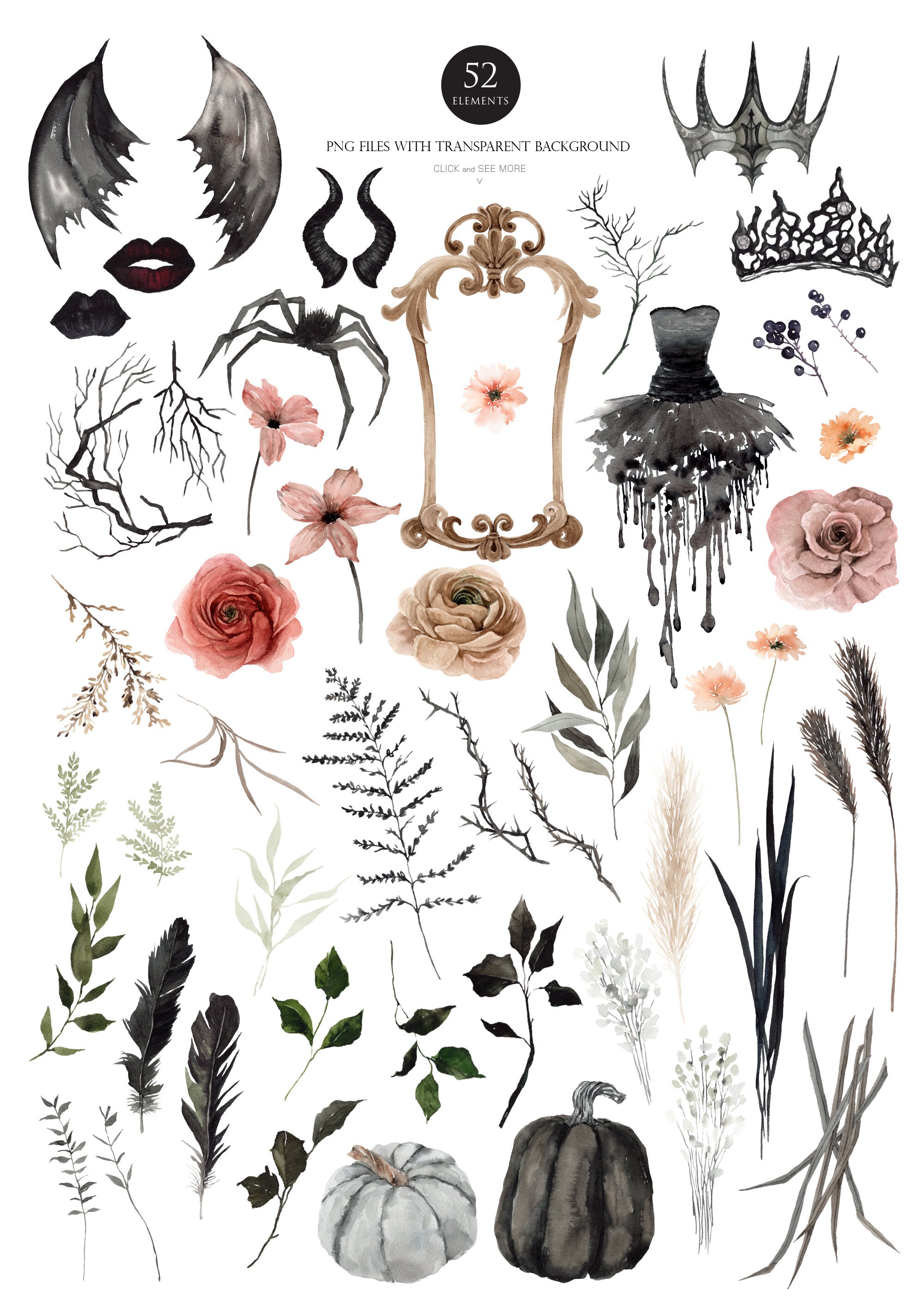 Halloween Queen Watercolor Flowers Halloween Clipart - Etsy