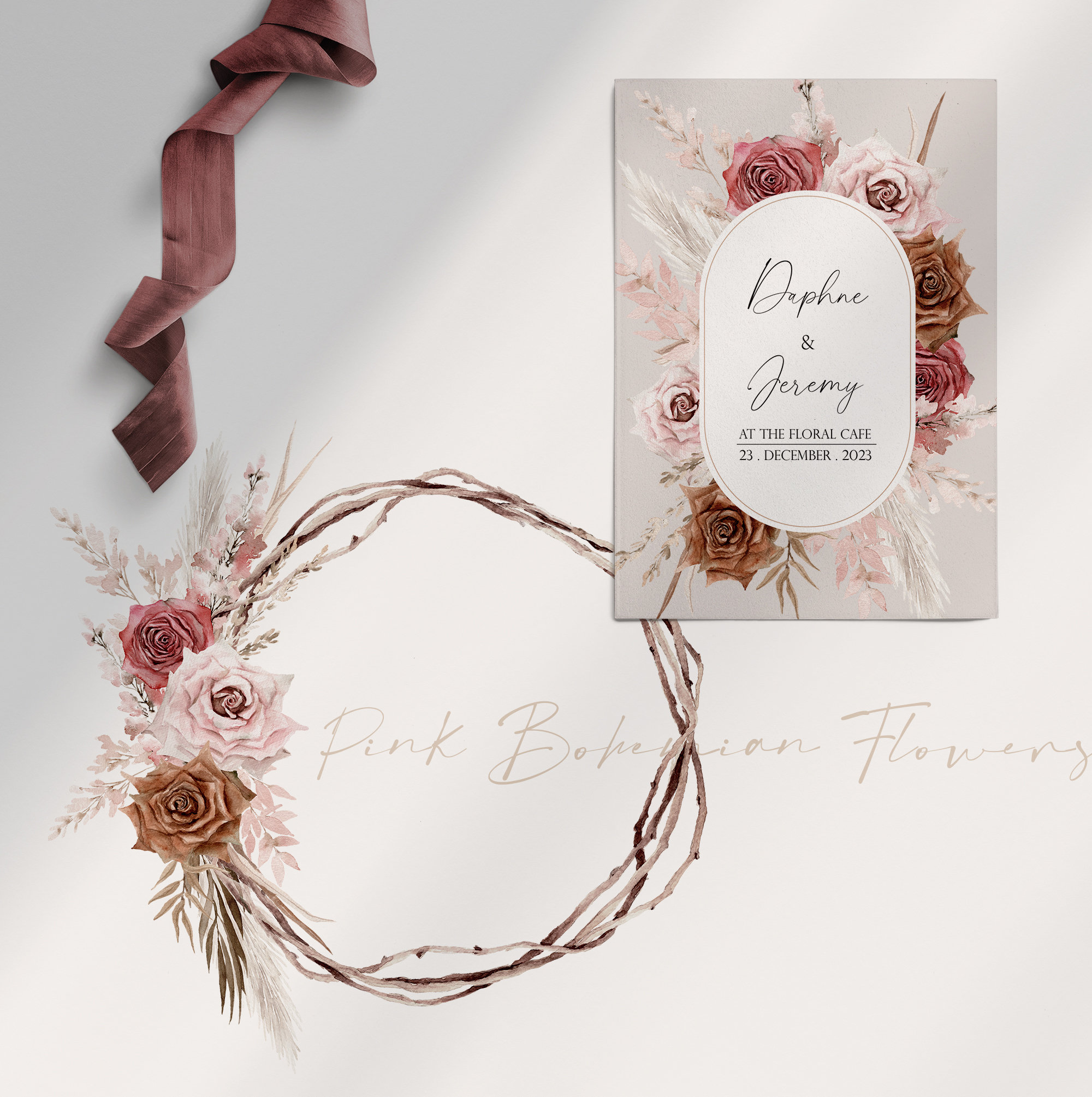 Boho Pink Flowers, Watercolor Flower, Boho Flower PNG, Bohemian Pink ...