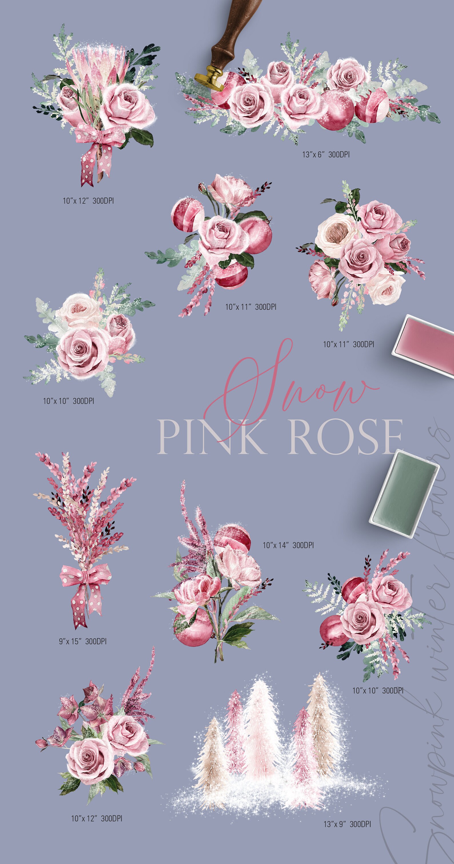 Snow Pink Flower, Winter Flower, Watercolor Flower, Rose Bouquets, Rose ...