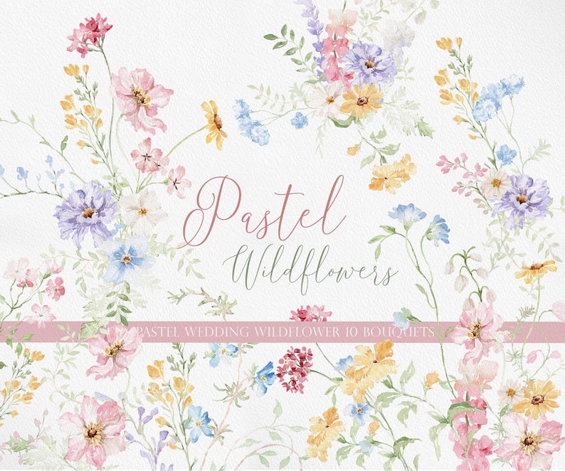 Pastel Wildflower Clipart, Watercolor Floral Bouquets, Spring Wedding ...