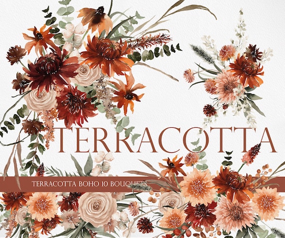 Terracotta Flower Watercolor Flower Autumn Flowers Boho - Etsy