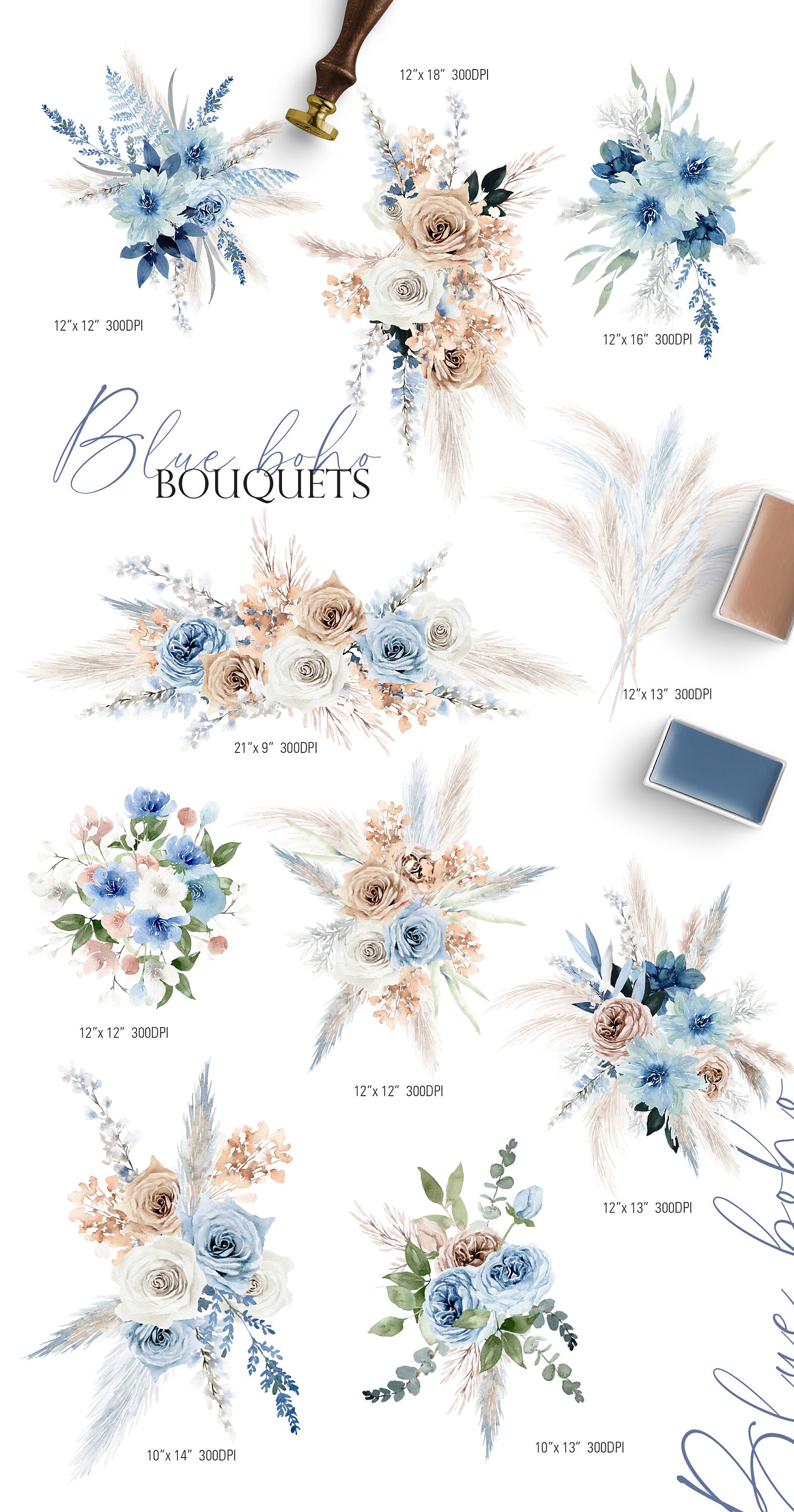 Watercolor Flower Boho Flower Boho Blue Clipart Dusty Blue - Etsy