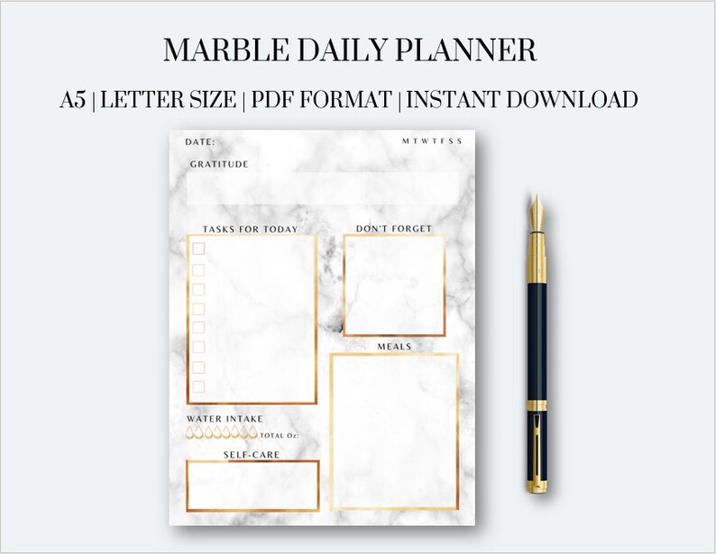 Marble Daily Planner Printable| Gold | A5 and Letter Size| Digita L ...