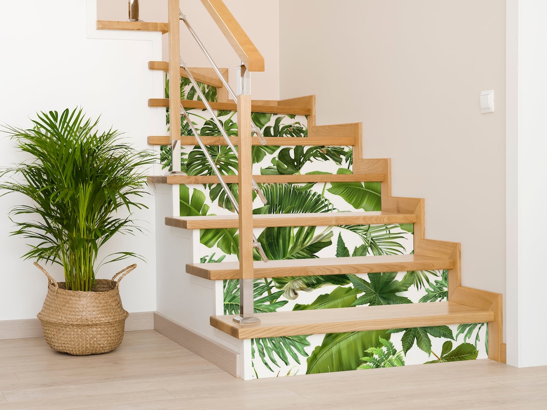 3D Self-adhesive Stair Riser Decals Stickers Green Tropical Leaves ...