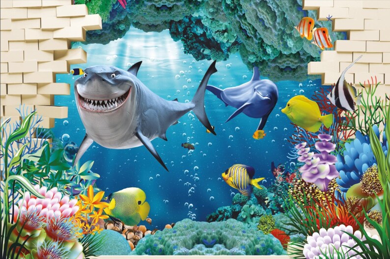 Underwater World Blue Deep Ocean Cartoon Shark Photo Mural - Etsy