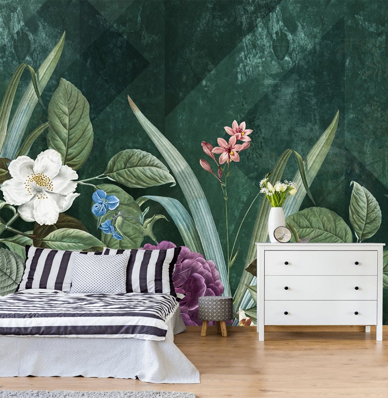 Geometrische Vinyl Tapete mit blühenden Blumen, dunkelgrüne Blumen ...