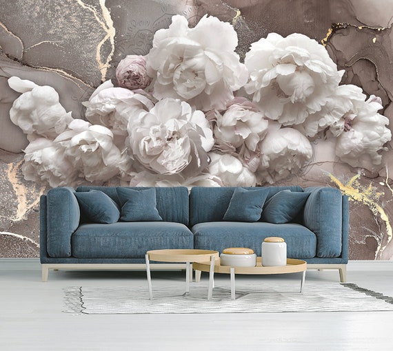 Beautiful Vinyl Wallpaper With White Peony Flowers Light - Etsy