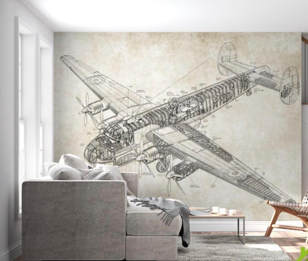 Retro Airplane Schematic Wall Mural – Detailed WWII Bomber Blueprint ...