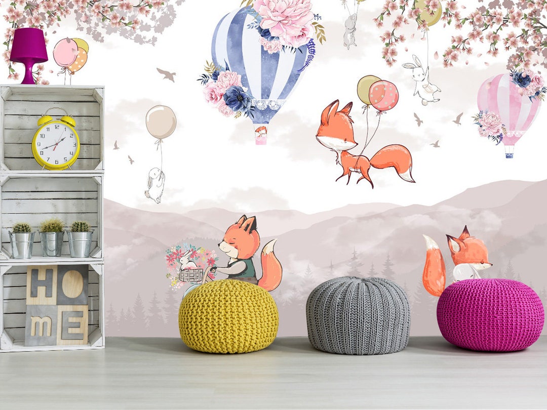 Little Fox Wallpaper for Kids Room, Baby Drawing Animal Mural Fox ...