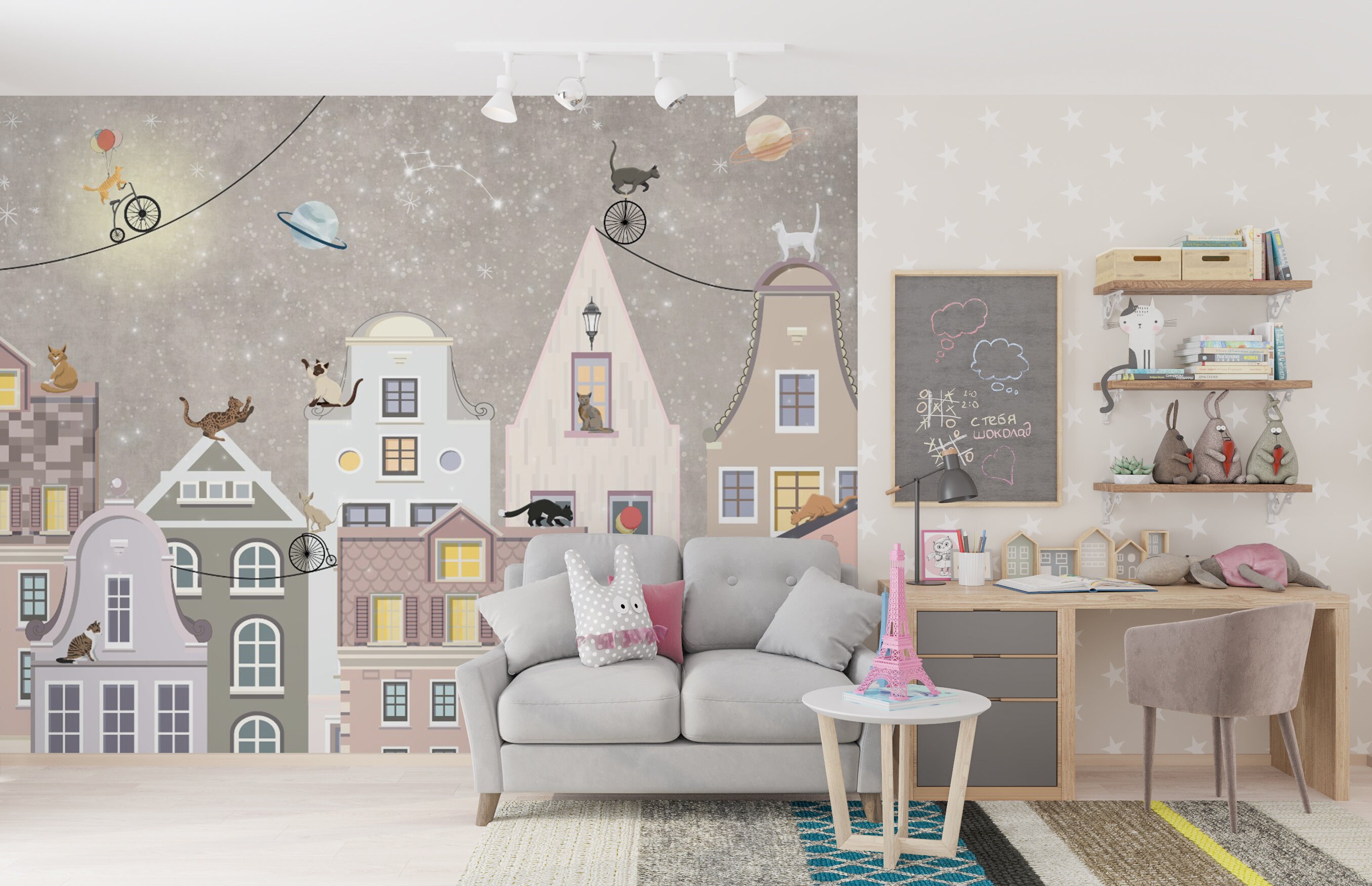 Kids Room Wallpaper Night in A Fairytale Town Wallpaper - Etsy