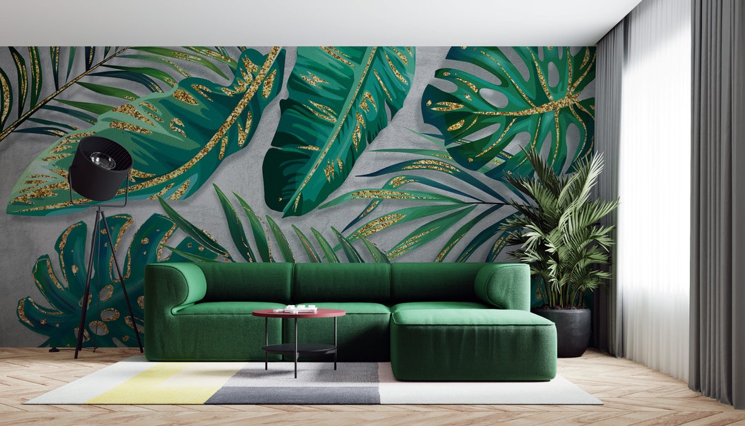 Green Wallpaper With Fern and Other Forest Plants, Floral Wall Mural ...