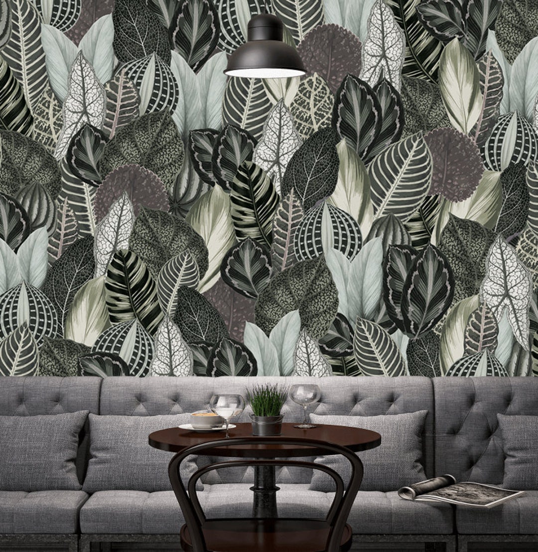 Wall of Leaves Vinyl Wallpaper, Green Floral Wall Mural, Botanical ...