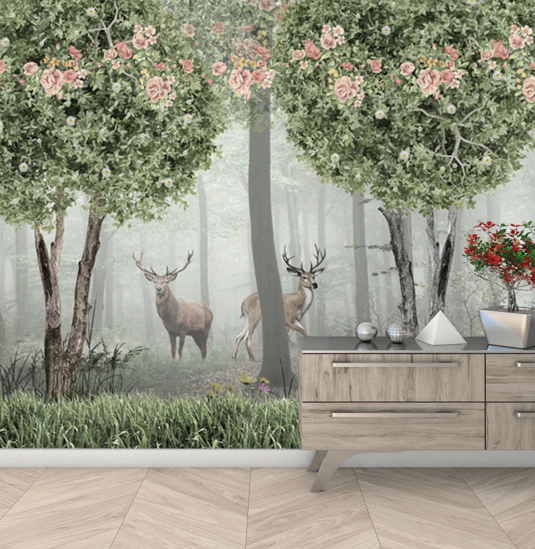 Magical Forest Wall Mural, Rose Trees Vinyl Wallpaper, Deers in the ...