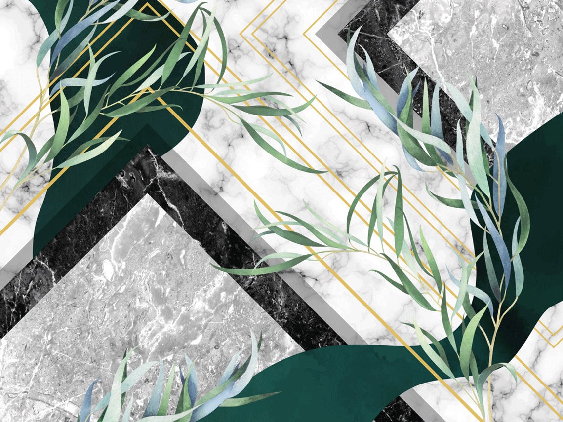 Beautiful Geometric Wallpaper With Floral Print Marbled Vinyl | Etsy