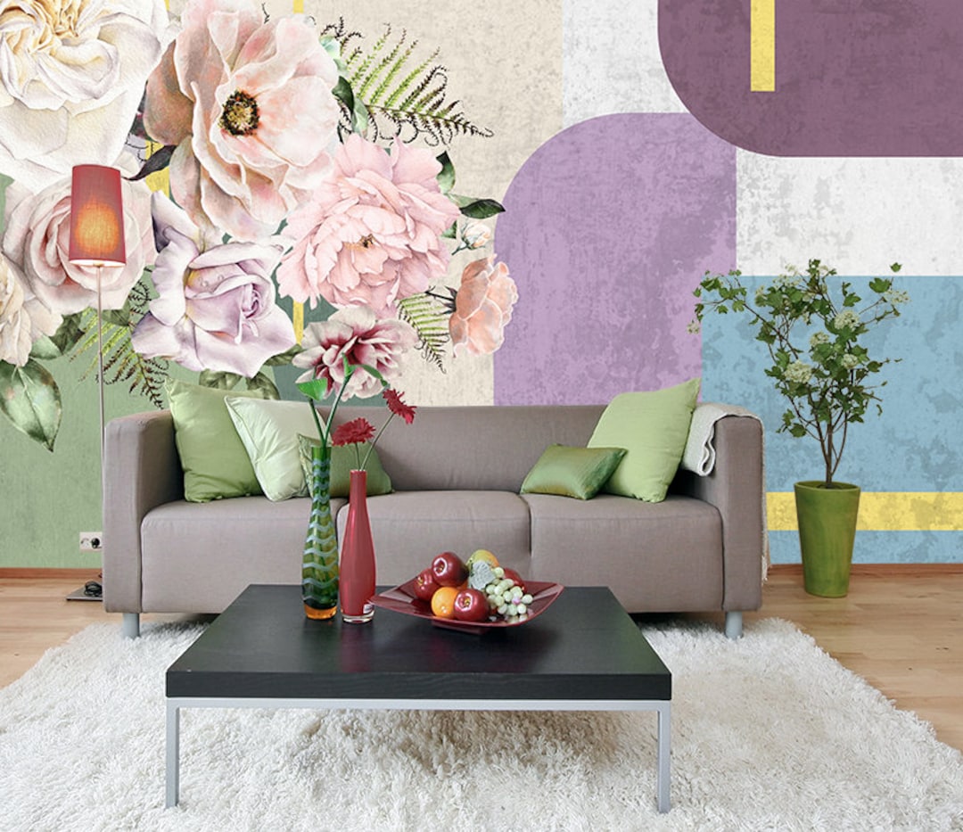 Beautiful Geometric Vinyl Wallpaper With Peony and Rose Flowers, Floral ...
