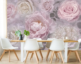 Beautiful Vinyl Wallpaper With Peony and Rose Flowers, Dark Floral ...