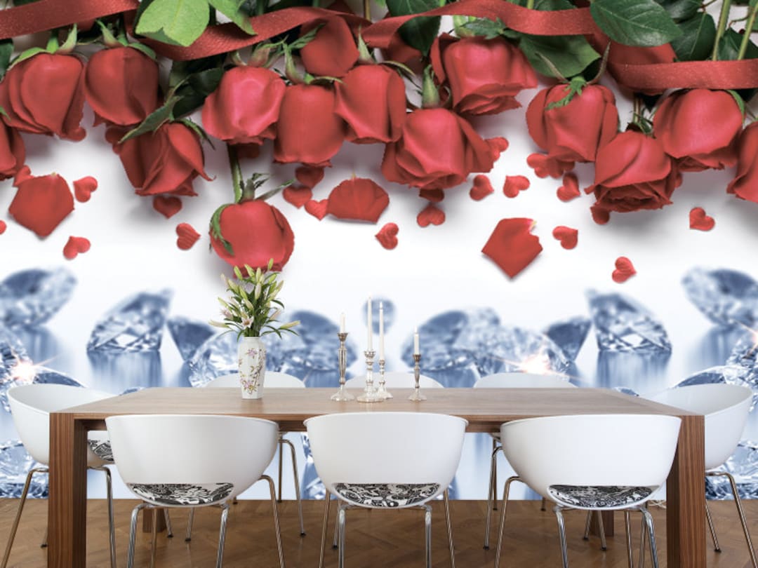 Vinyl Wallpaper With Red Roses and Diamonds, Light Floral Mural ...