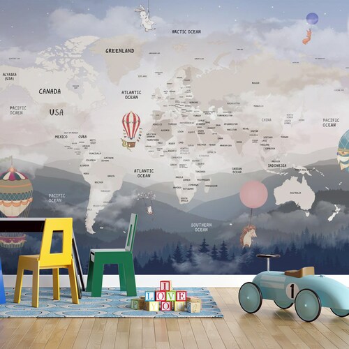 World Map Kids Room Wall Mural Kids Map Wallpaper Children - Etsy