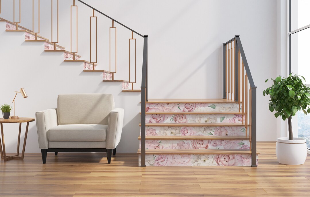 Stair Sticker Decals Steps Pink Peonies Floral Sticker Wall Decal Mural ...