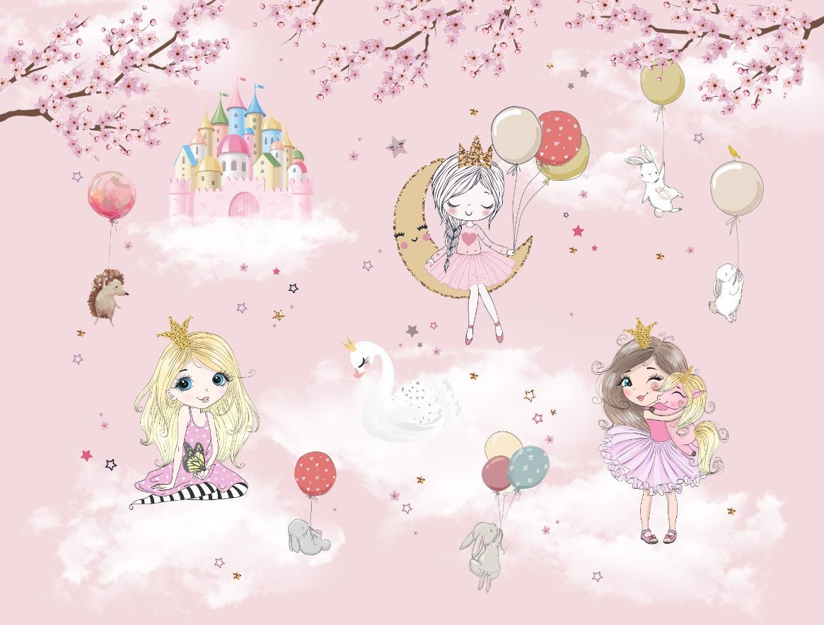 Princess Girls Room Wallpaper Princess Printed Pink Nursery | Etsy