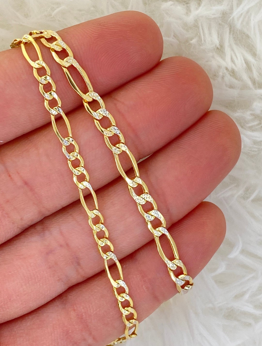 Solid 14K Gold Figaro Pave Chain Two-tone White and Yellow Gold, 14kt ...