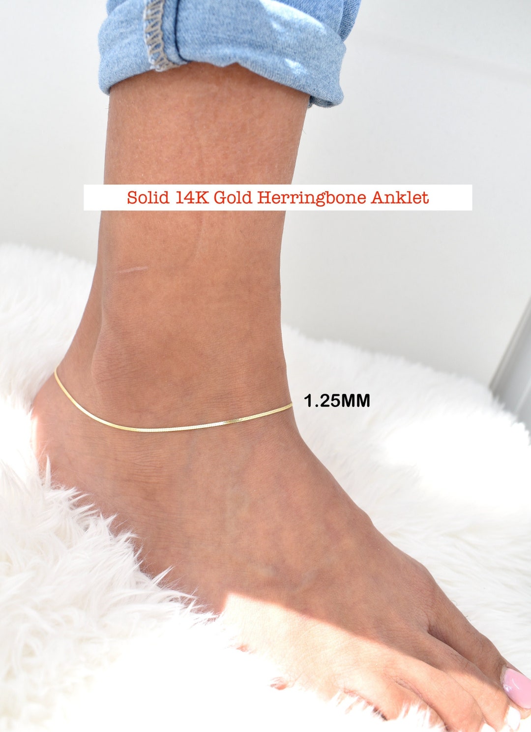 Solid 14K Gold Herringbone Anklet, Ladies Gold Anklet, 14kt Gold ITALIAN HERRINGBONE Anklet, 14K ...