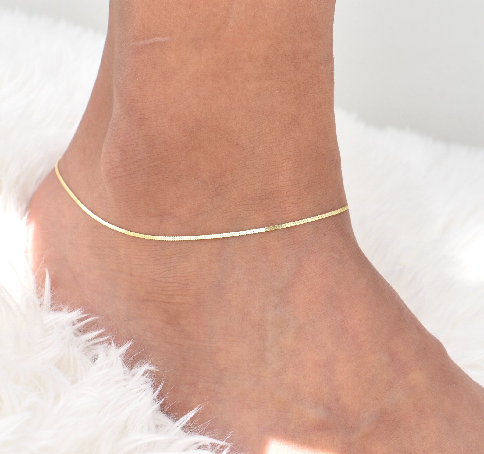 Solid 14K Gold Herringbone Anklet Ladies Gold Anklet 14kt - Etsy