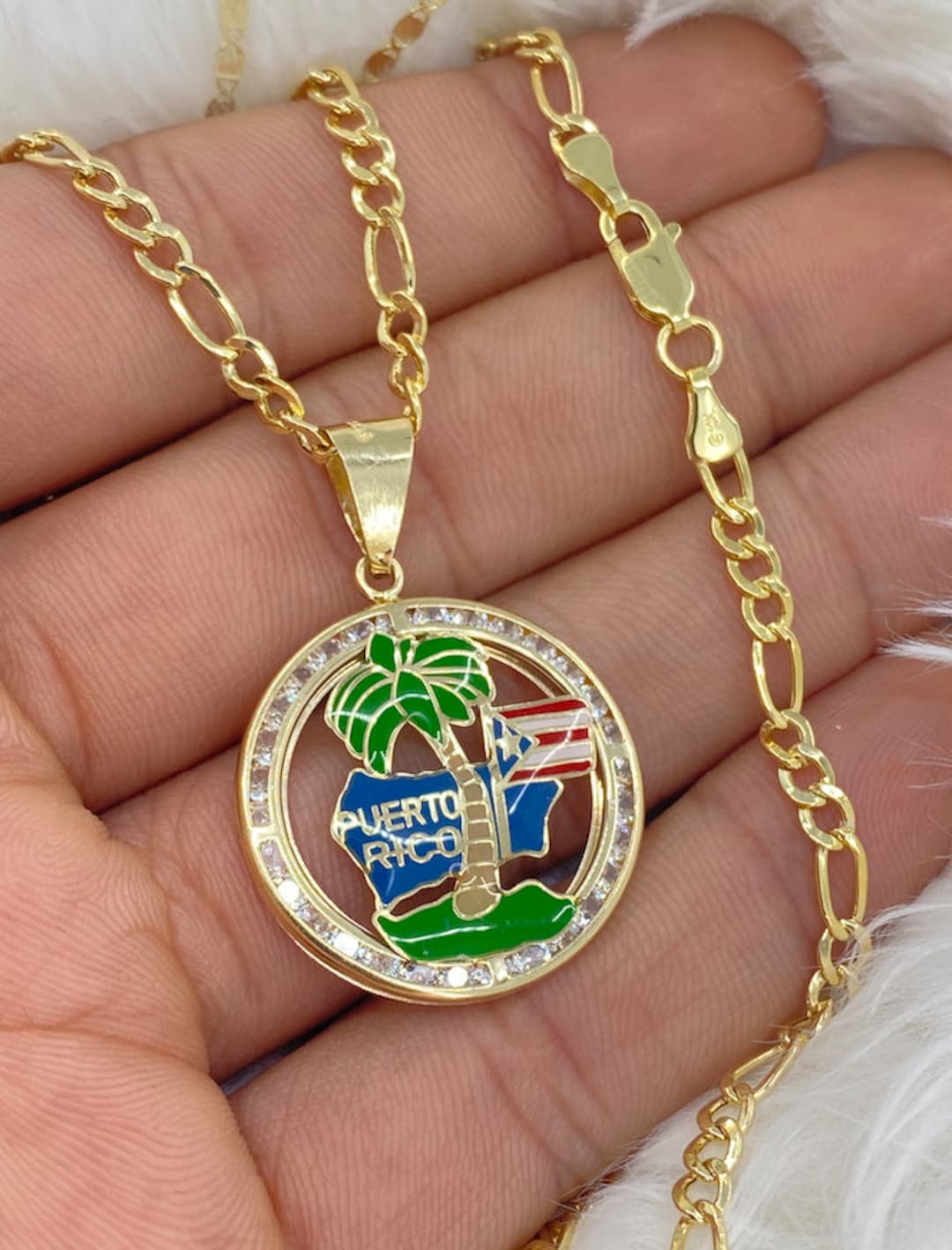 10K Solid Yellow Gold Puerto Rico Gold Charm With 10K Gold Figaro Chain ...