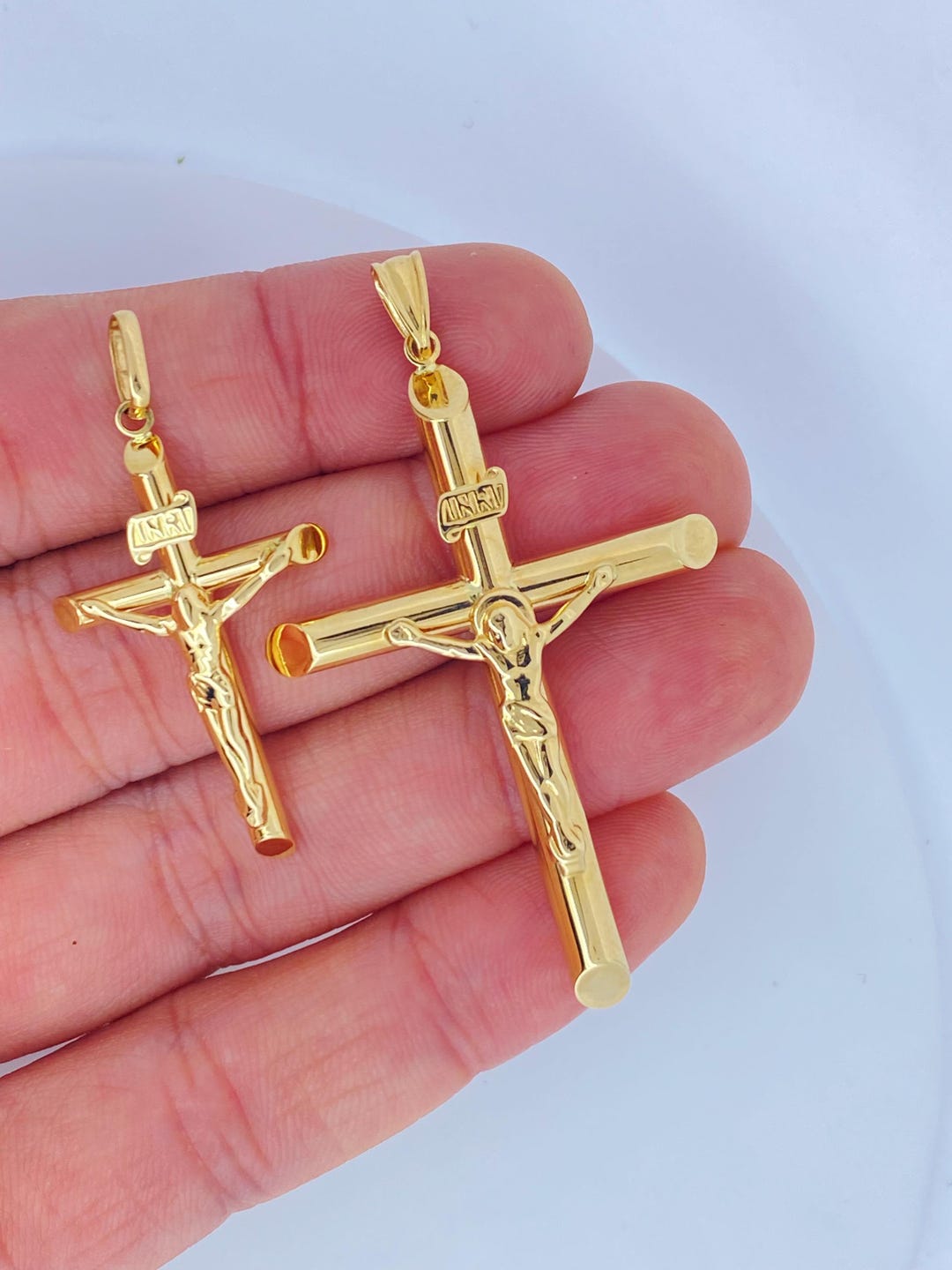 Solid 18K Gold Cross INRI Pendant, Ladies Men 18k Gold Cross Charm ...