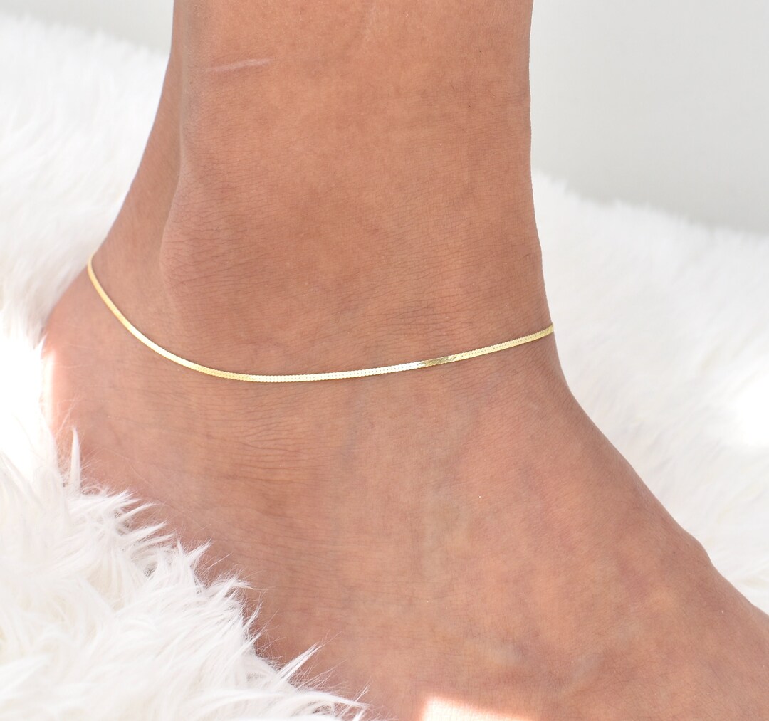 SOLID 14K Gold Herringbone Anklet: Italian Anklet Band - Etsy