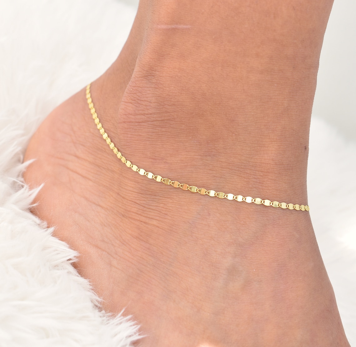 Solid 14K Gold Mirror Anklet Ladies Gold Anklet 14kt Gold - Etsy