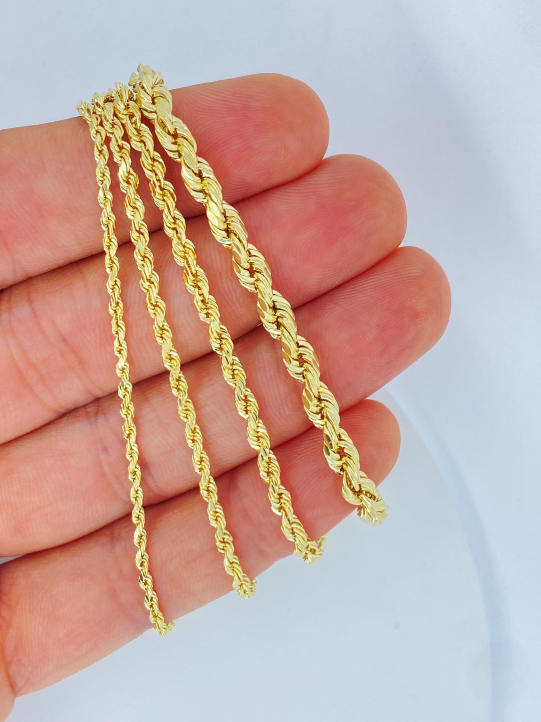 14K Solid Yellow Gold Peru Rope Necklace, 14kt BBB 4 Sided Diamond Cut ...