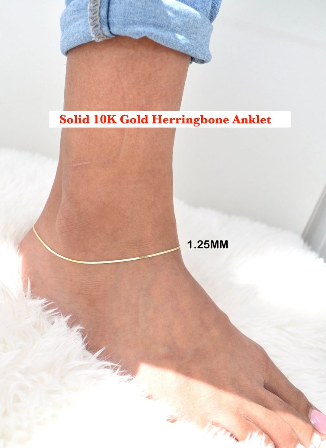 Solid 10K Gold Herringbone Anklet, Ladies Gold Anklet, 10K Gold ITALIAN ...