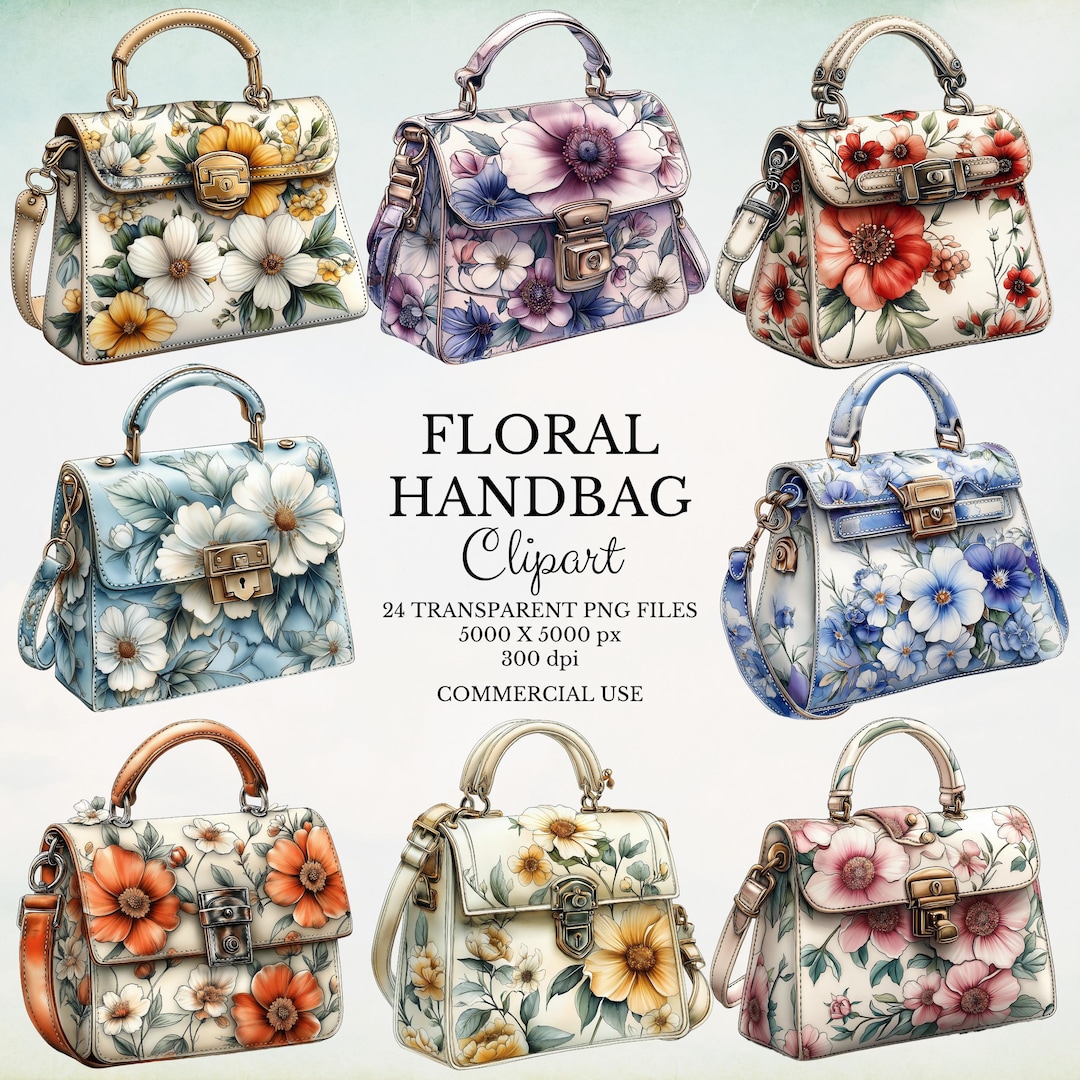Flower Handbags Watercolor Clipart Bundle Set, Floral Purse Transparent ...