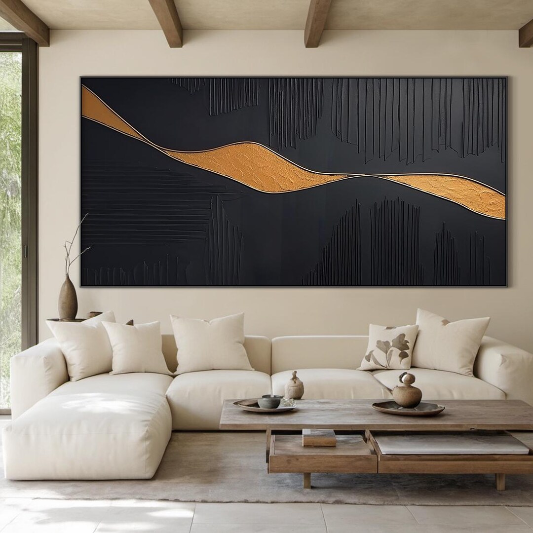 Original Gold Leaf Black Abstract Painting: Modern Textured Canvas Art ...