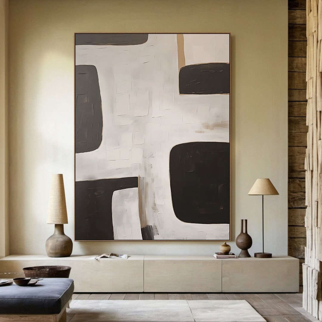 Black Beige Abstract Painting Large Black Minimalist Wall Art Beige Wabi Sabi Wall Art Beige ...