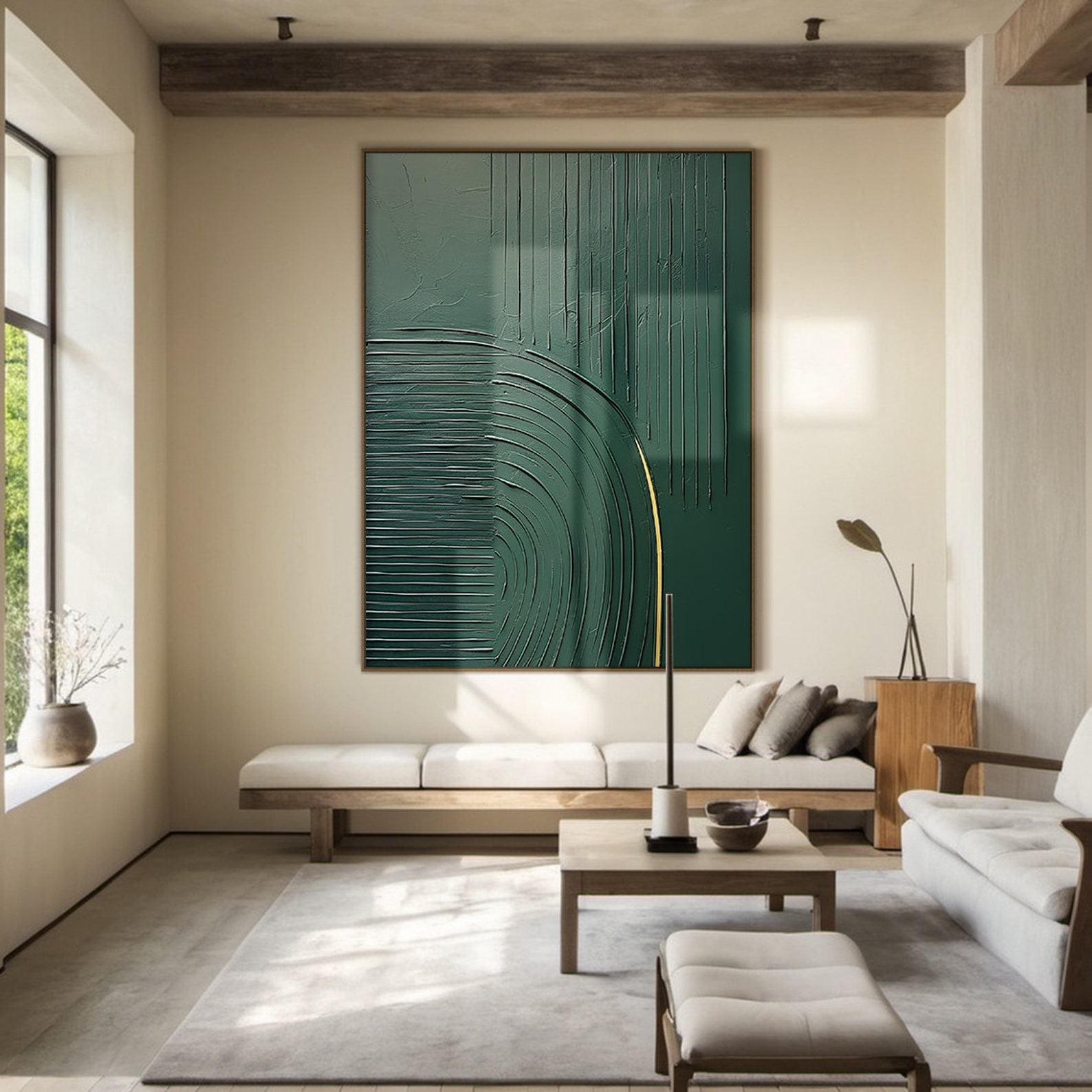 Gold Green Textured Painting,large Abstract Green Painting,green Beige ...