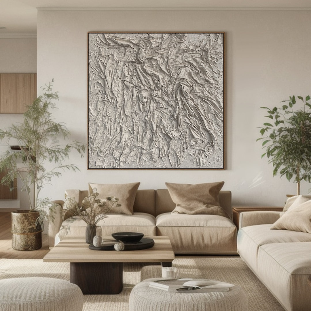 Square Beige 3D Texture Wall Art, Beige Gypsum Abstract Painting, Beige ...